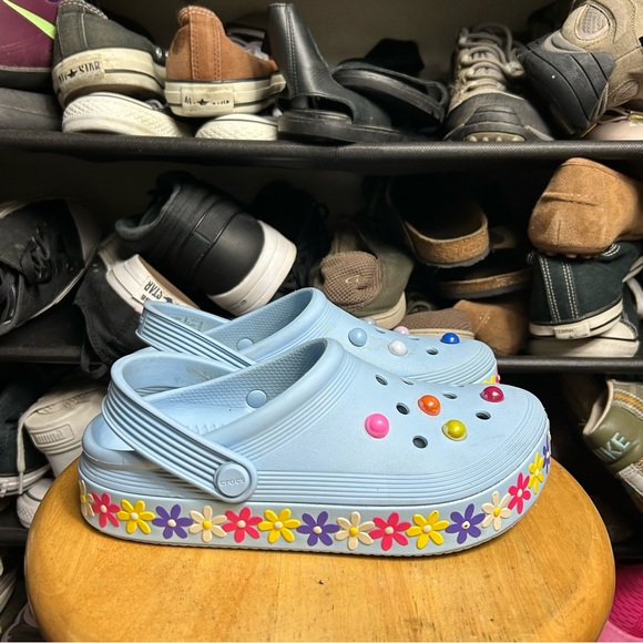 CROCS | Shoes | Crocs Light Blue Clogs With Multicolor Flower Accents ...